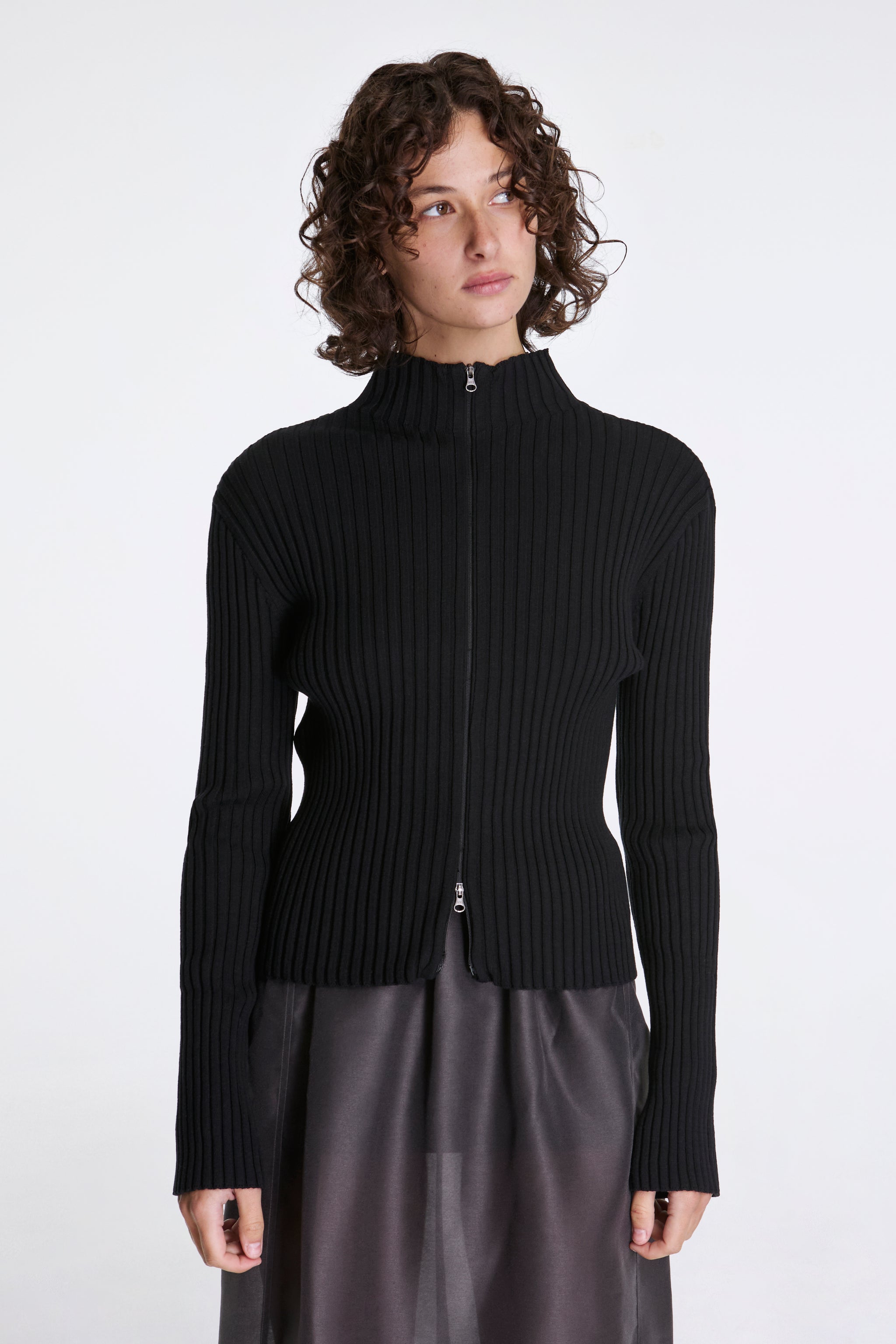 Amomento Ribbed High Neck Zip Up Black