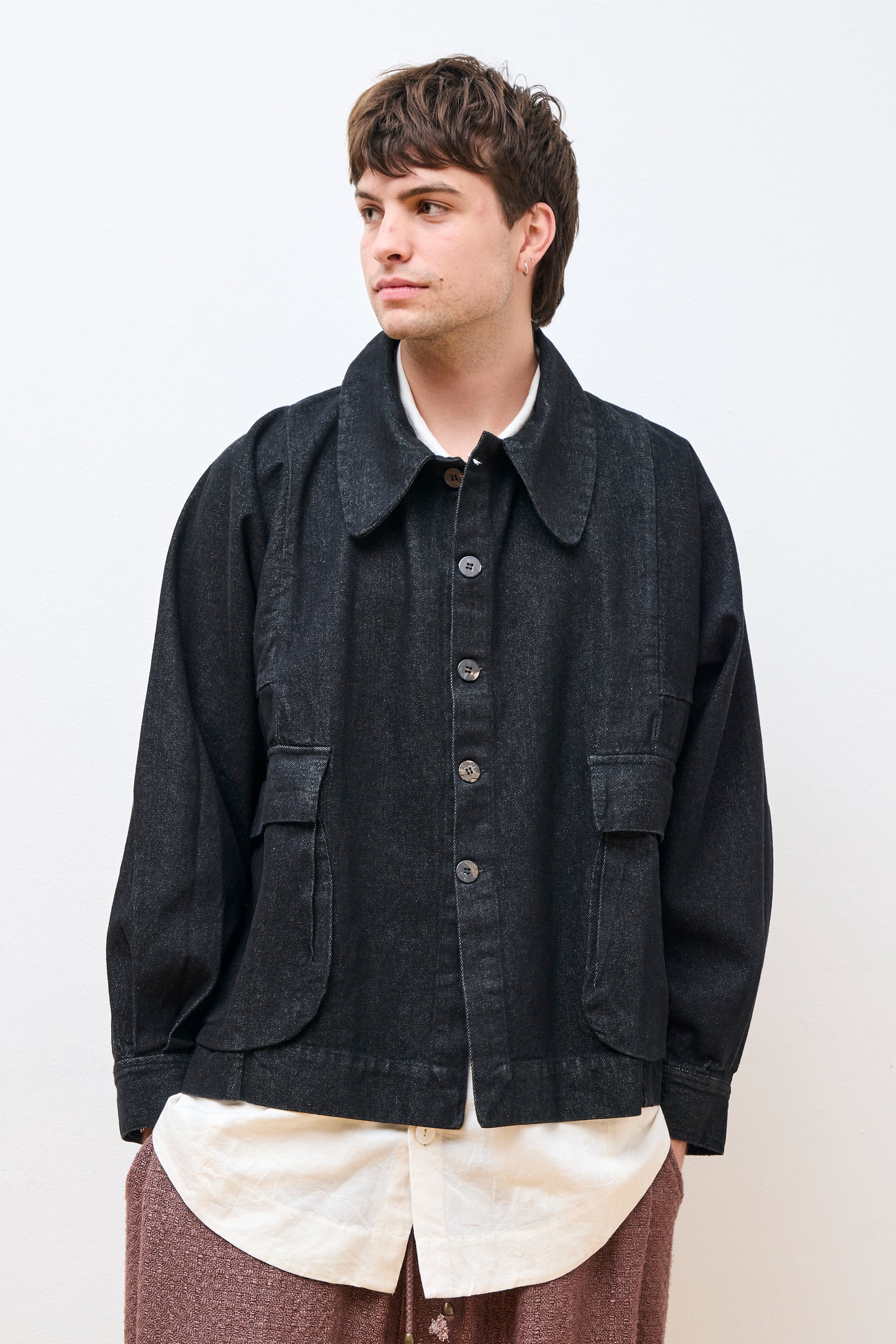 Gathering Farmer Jacket F Stone Washed Black Denim