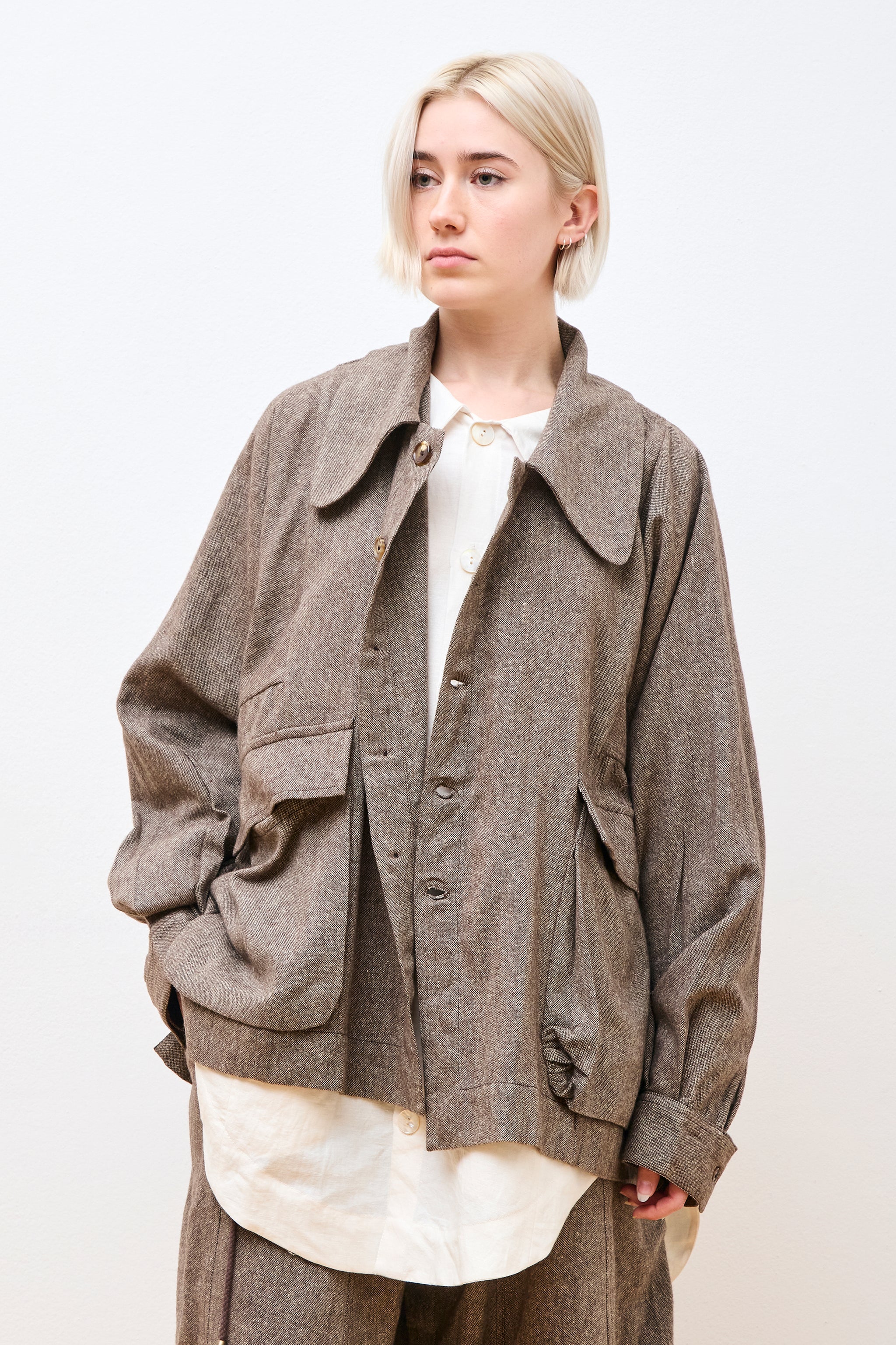 Gathering Farmer Jacket F Antique Herringbone Wool