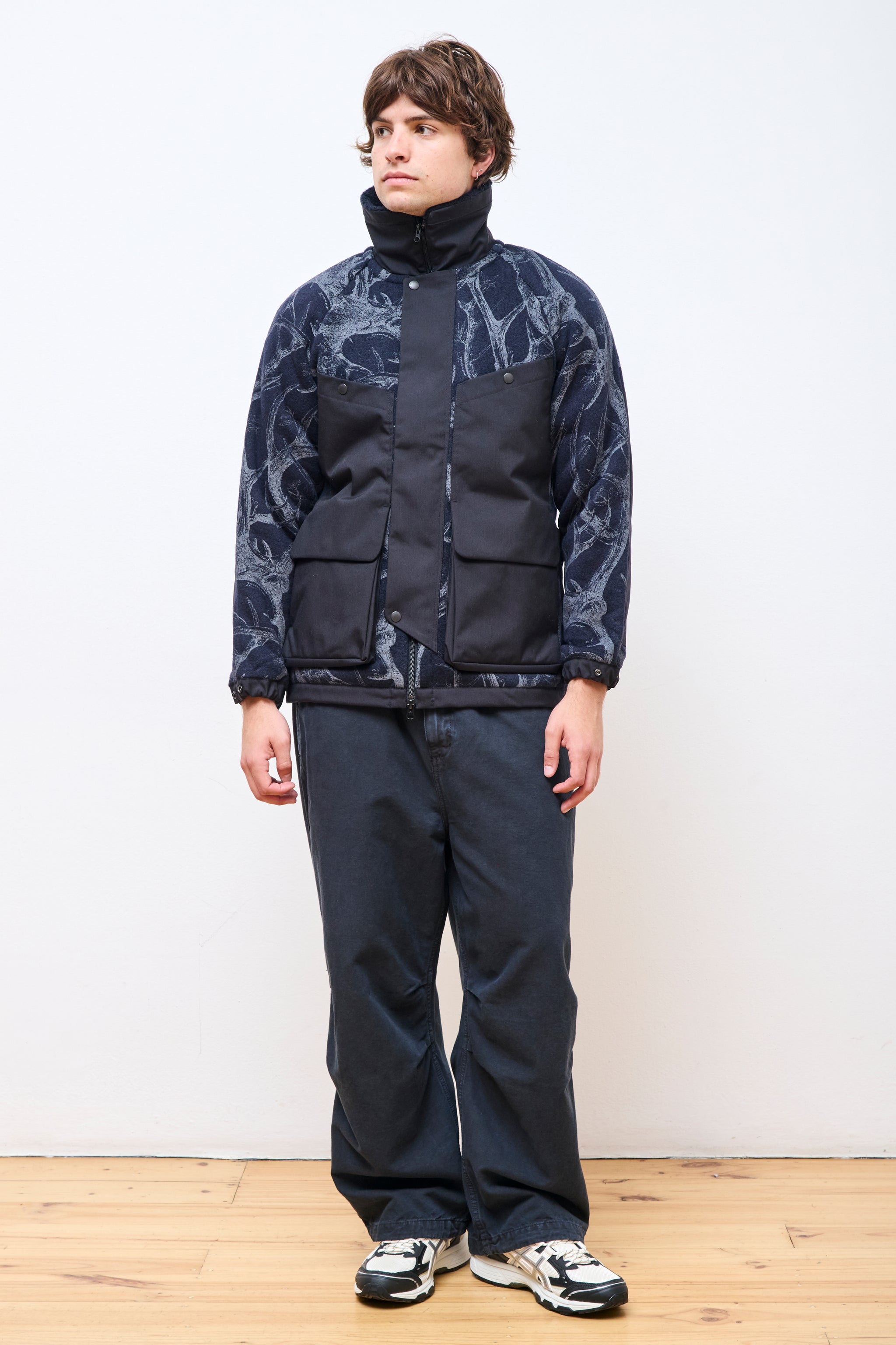 Horn Tree Print Wool Boa Jacket Navy